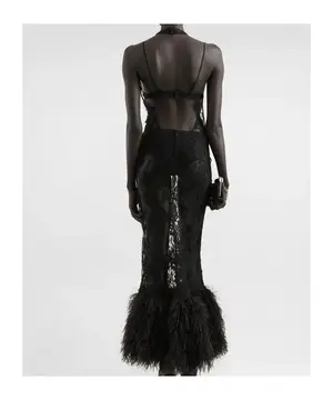 Dolce & Gabbana Halterneck Lace Dress With Feather Trim