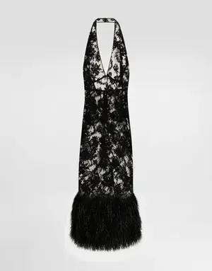Dolce & Gabbana Halterneck Lace Dress With Feather Trim