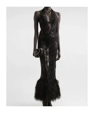 Dolce & Gabbana Halterneck Lace Dress With Feather Trim