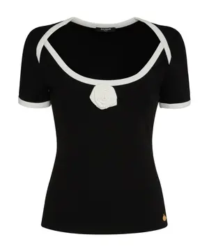 Balmain Boat-neck Short-sleeved Top With Floral Decal