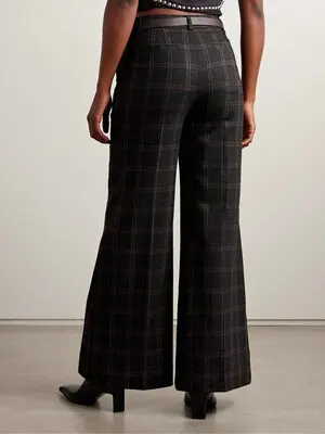 Sea Checked Wide-leg Wool-blend Pants With Leather Belt