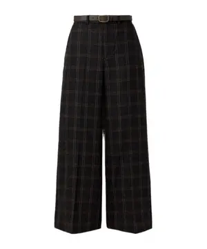 Sea Checked Wide-leg Wool-blend Pants With Leather Belt - No