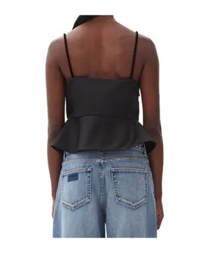 GANNI Duchesse Satin Peplum Top With Bow Shoulder Straps