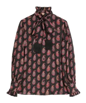 Valentino Garavani Printed Long Sleeve Blouse With Scarf Detail And Fringe