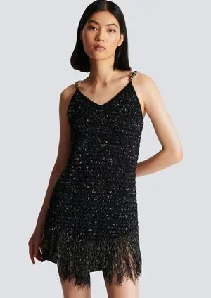 Balmain Chain Strap Lurex Tweed Mini Dress With Fringed Hem
