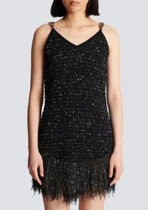 Balmain Chain Strap Lurex Tweed Mini Dress With Fringed Hem