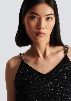Balmain Chain Strap Lurex Tweed Mini Dress With Fringed Hem