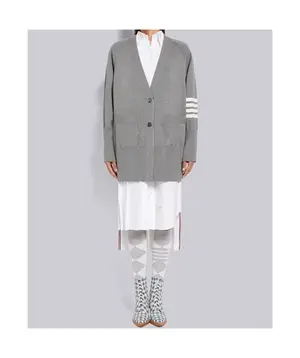 Thom Browne Four-bar Long Sleeve Cardigan - Light Gray