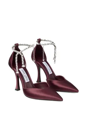 JIMMY CHOO Stevie 100 Satin Pointed Toe Stiletto High Heels With Embellished Ankle Strap - Ruby Red