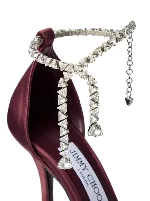 JIMMY CHOO Stevie 100 Satin Pointed Toe Stiletto High Heels With Embellished Ankle Strap - Ruby Red