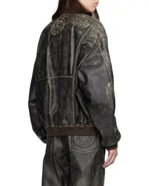 Acne Studios Logo Embossed Faded Leather Bomber Jacket
