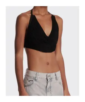 Attico Halter Neck Draped Top With Logo Buckle