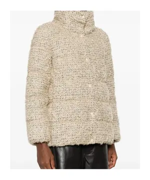 Moncler Cochelle Tweed Short Down Jacket With Stand Collar - Beige