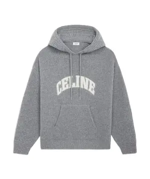 Celine Ribbed Wool Hooded Sweater With Brand Logo - Medium Gray