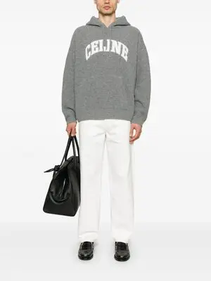 Celine Ribbed Wool Hooded Sweater With Brand Logo