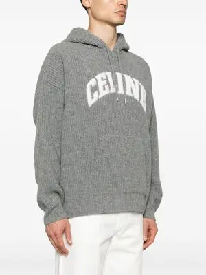 Celine Ribbed Wool Hooded Sweater With Brand Logo