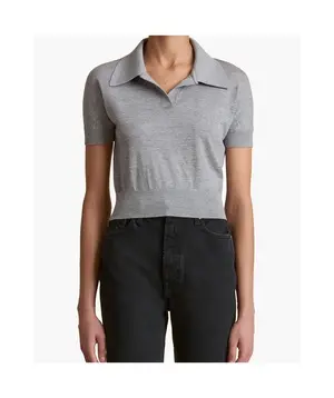 Khaite Morgane Ribbed Knit Collared Short Sleeve Top - Mercury