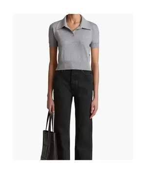 Khaite Morgane Ribbed Knit Collared Short Sleeve Top - Mercury