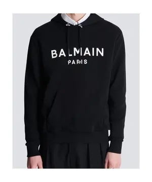 Balmain Paris Logo Printed Drawstring Hoodie - Black