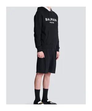 Balmain Paris Logo Printed Drawstring Hoodie - Black