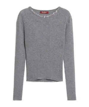 Max Mara Catone Ribbed Knit Sweater With Embellished Neckline - Medium Gray