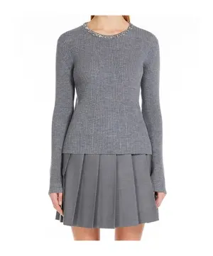 Max Mara Catone Ribbed Knit Sweater With Embellished Neckline - Medium Gray