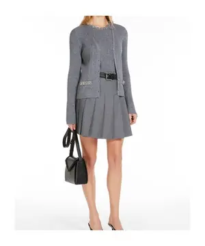 Max Mara Catone Ribbed Knit Sweater With Embellished Neckline - Medium Gray