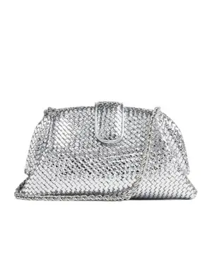Bottega Veneta Padded Intricciato Metal Woven Leather Clutch Bag - Silver
