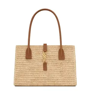 Saint Laurent Panier Rectangle Bag In Raffia And Leather - Nude
