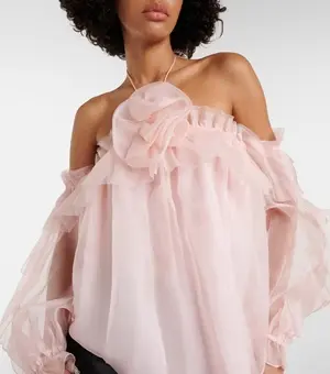 Carolina Herrera Strapless Floral Silk Top With Bell Sleeves
