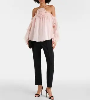 Carolina Herrera Strapless Floral Silk Top With Bell Sleeves