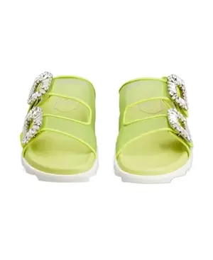 ROGER VIVIER Slidy Viv Embellished Buckle Mules In Fabric - Green