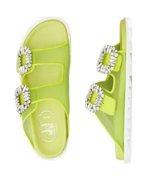 ROGER VIVIER Slidy Viv Embellished Buckle Mules In Fabric - Green