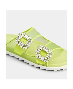 ROGER VIVIER Slidy Viv Embellished Buckle Mules In Fabric - Green