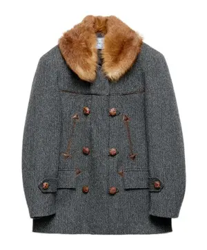 Prada Herringbone Shearling Double-breasted Coat - Charcoal