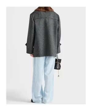 Prada Herringbone Shearling Double-breasted Coat - Charcoal