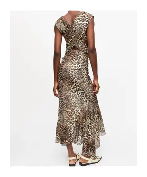 GANNI Ruched V-neck Dress With Asymmetrical Hem - Leopard