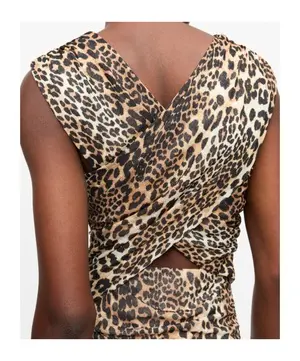 GANNI Ruched V-neck Dress With Asymmetrical Hem - Leopard