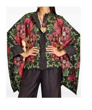 La DoubleJ Printed Silk Mandarin Collar Coat