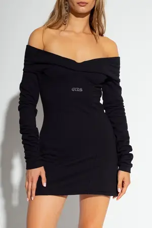 Gcds Off-the-shoulder Long Sleeve Dress With Logo Print