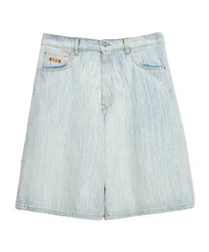 MSGM Logo Patch Distressed Denim Bermuda Shorts - Light-colored