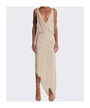 Attico Asymmetric Beaded Deep V-neck Maxi Dress