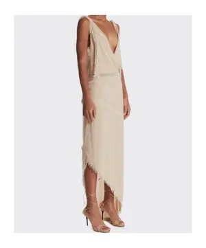 Attico Asymmetric Beaded Deep V-neck Maxi Dress