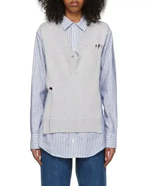 MAISON MARGIELA V-neck Distressed Knit Spliced Shirt