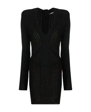 Balmain V-neck Ribbed Knit Mini Dress
