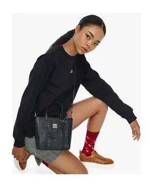 Mcm Logo Plaque Small Tote Bag - Black