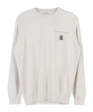 Brunello Cucinelli Long Sleeve Ribbed Knit Sweater With Pocket Detail