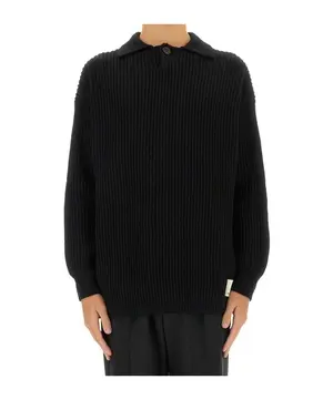 Emporio Armani Fisherman's Knit Long-sleeved Polo Shirt - Black