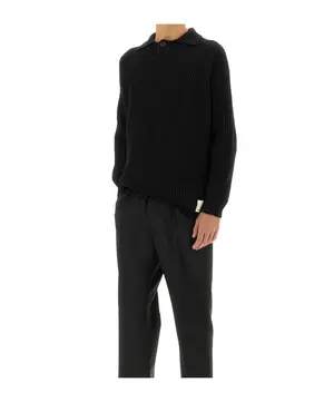 Emporio Armani Fisherman's Knit Long-sleeved Polo Shirt - Black