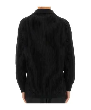 Emporio Armani Fisherman's Knit Long-sleeved Polo Shirt - Black